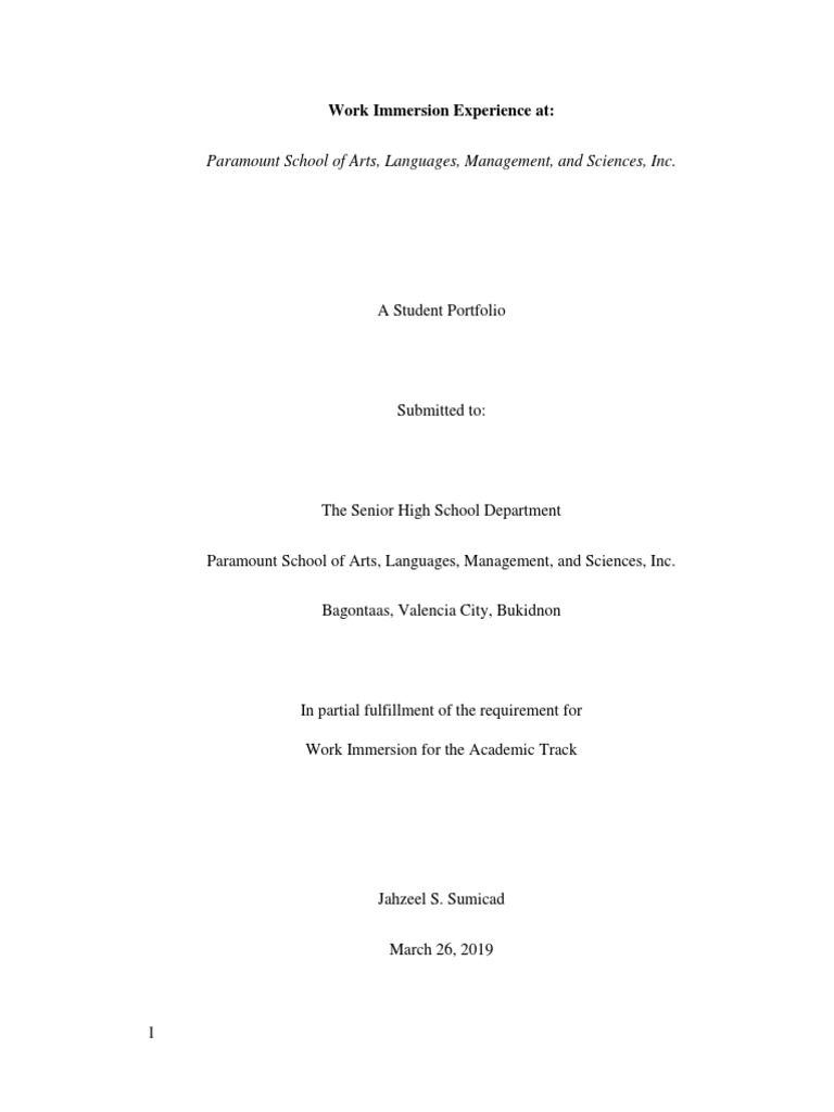 Work Immersion Portfolio: Paramount School | PDF | Master Of Business ...