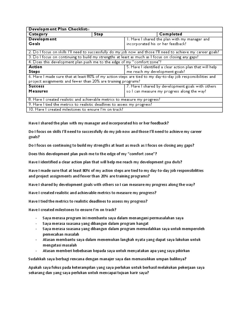 Development Plan Checklist Category Step Completed Development Goals ...