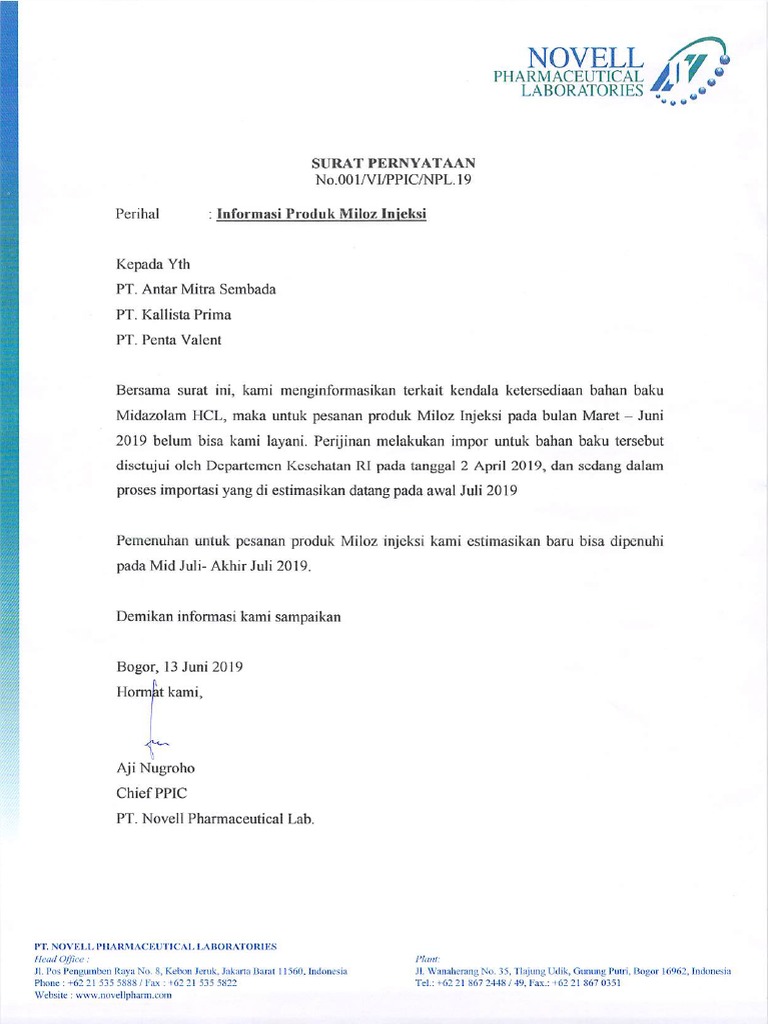 Surat Pernyataan Informasi Produk Miloz Injeksi | PDF