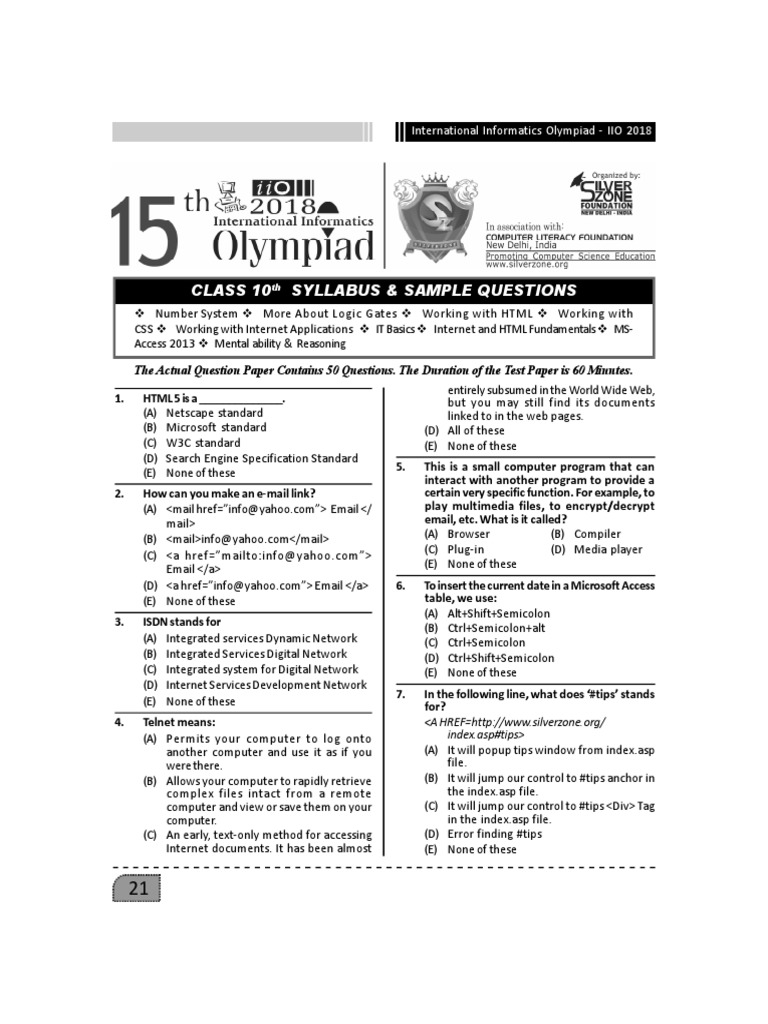 IIO 2018: International Informatics Olympiad Class 10 Syllabus & Sample ...