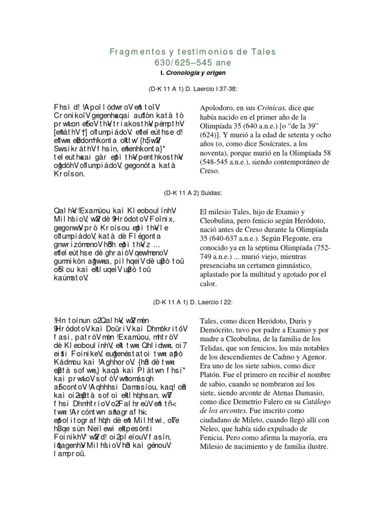 Fragmentos y Testimonios de Los Milesios | PDF | Filosofía griega ...