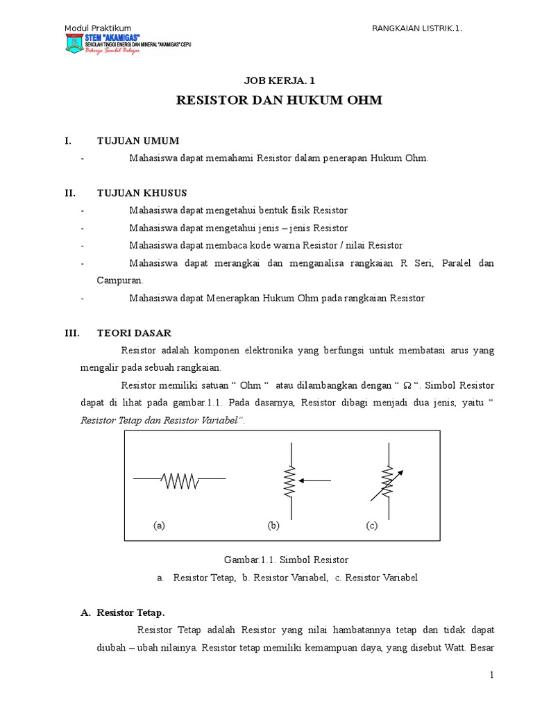 Modul Rangkaian Listrik 1 Resistor Ohm | PDF | Metode & Bahan Ajar ...
