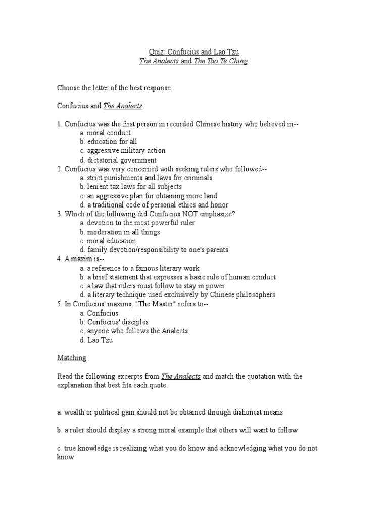 Confucius and Lao Tzu Quiz | PDF | Confucius | Laozi