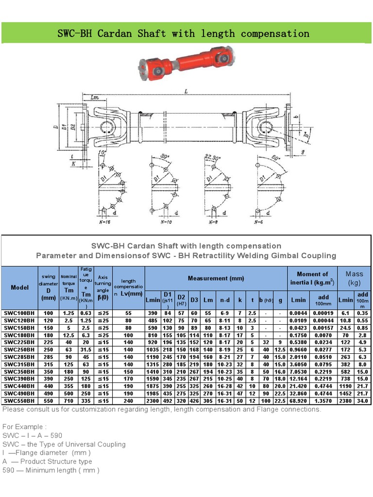SWC-BH Cardan Shaft Specifications | PDF | Torque | Classical Mechanics