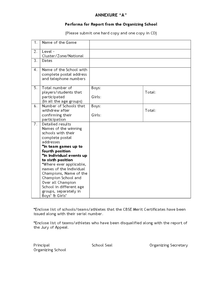Performa For Report From The Organizing School: Annexure "A" | PDF ...