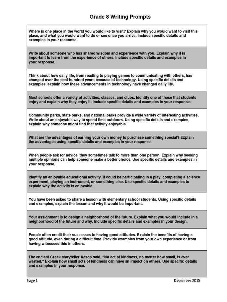 Grade 8 Writing Prompts Ideas | PDF | Homework | Teachers