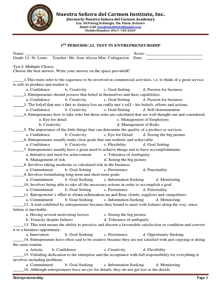 1st Periodical Exam in Entrep | PDF | Goal Setting | Entrepreneurship