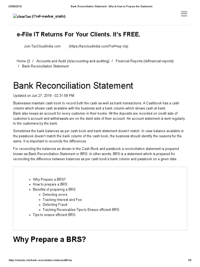 Bank Reconciliation Statement - Why & How To Prepare The - Statement ...