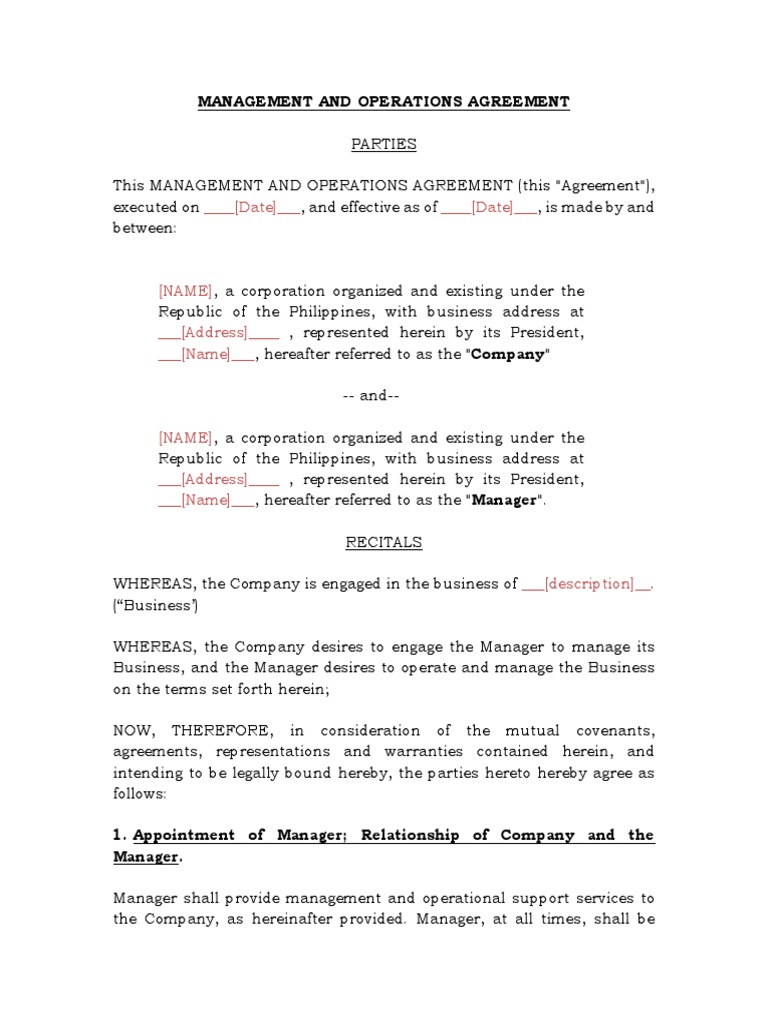 Management and Operations Agreement Contract | PDF | Indemnity | Civil ...
