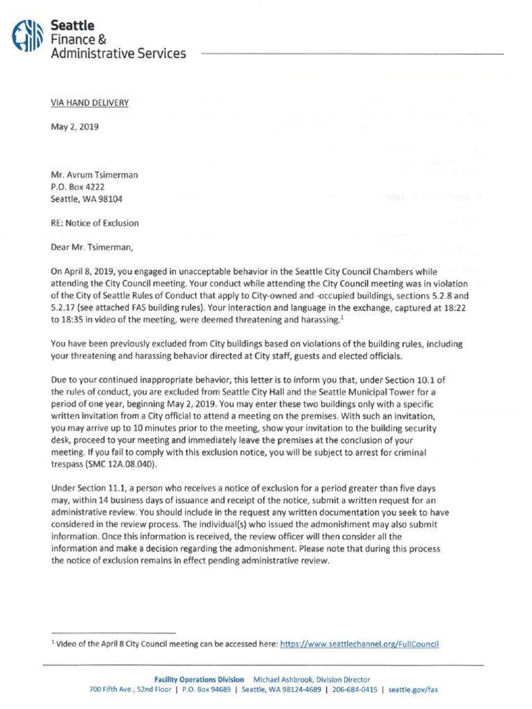 Alex Tsimerman Notice of 2019-2020 Exclusion From Seattle City ...