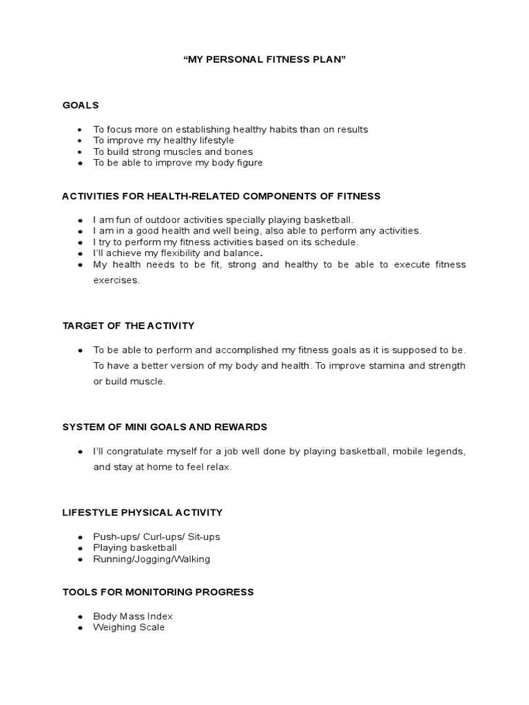 Personal Fitness Plan & Goals | PDF | Physical Fitness | Determinants ...