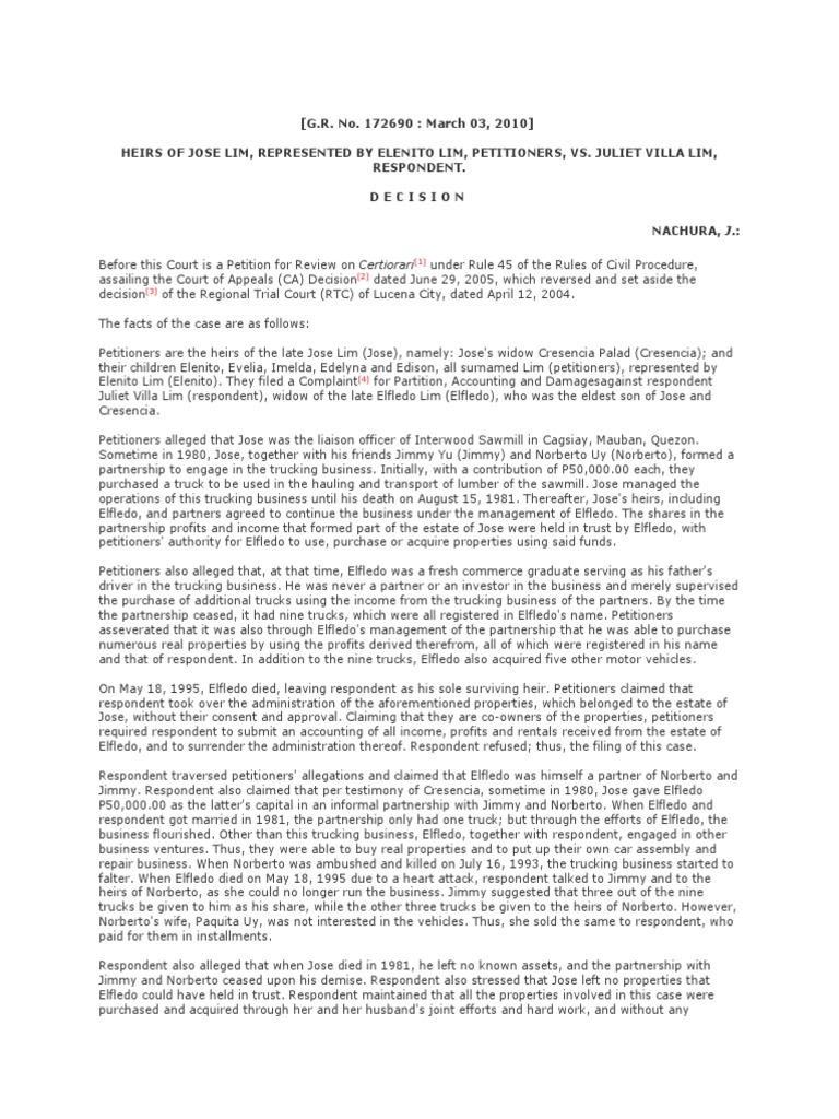 (G.R. No. 172690: March 03, 2010) Heirs of Jose Lim, Represented by ...