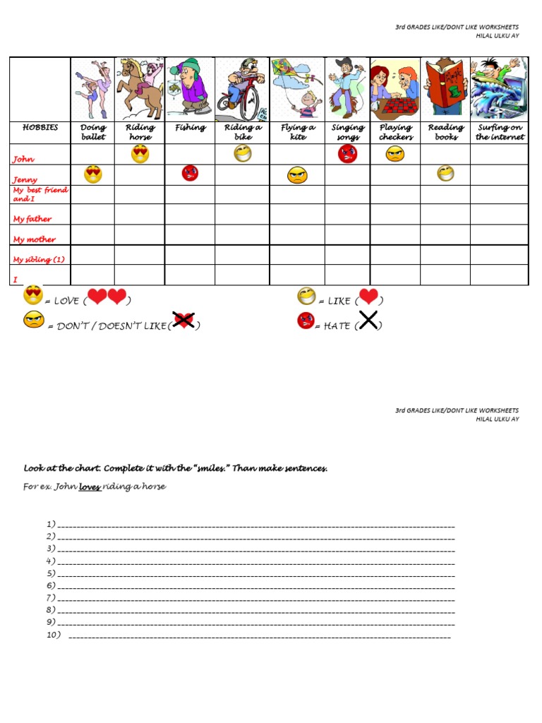 Student Preferences: A Worksheet on Likes and Dislikes of Various ...