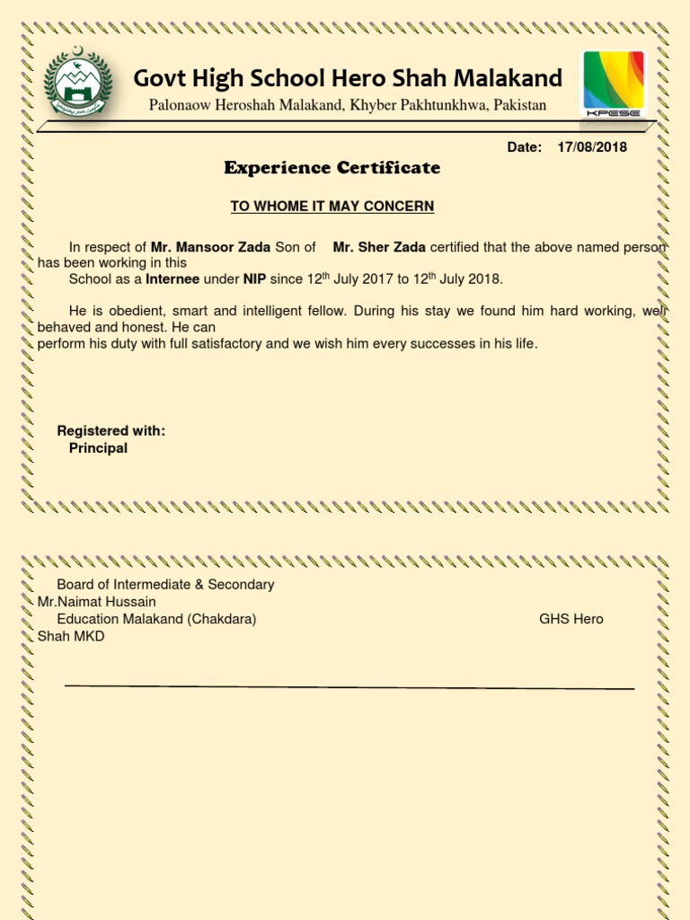 Govt High School Hero Shah Malakand: Experience Certificate | PDF ...