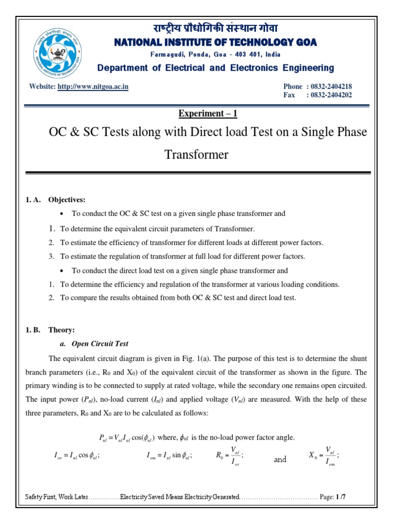 Exp 1: OC and SC Test Along With Direct Load Test On A Single Phase ...