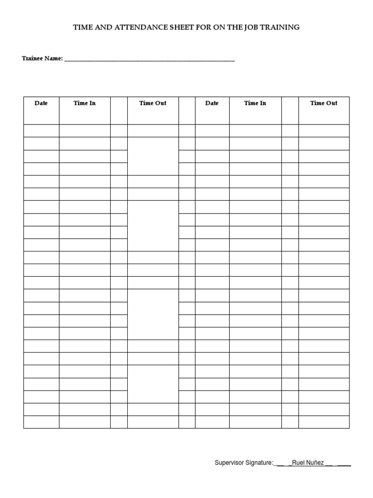 Time and Attendance Sheet For On The Job Training: Trainee Name | PDF