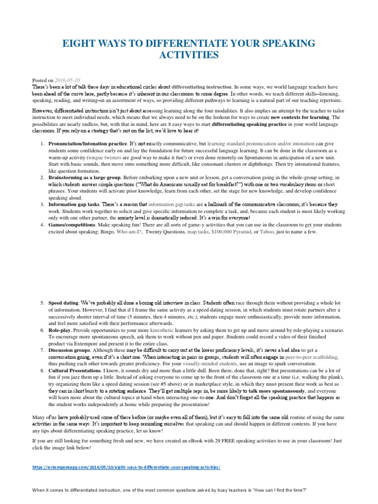 Eight Ways To Differentiate Your Speaking Activities | PDF ...