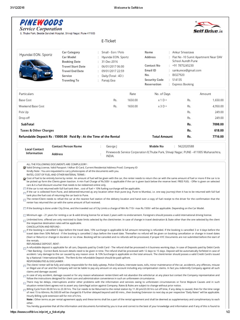 Goa Car Rental E-Ticket Details | PDF | Credit Card | Renting