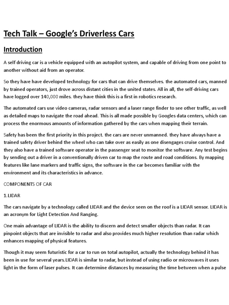 Tech Talk - Google's Driverless Cars | PDF | Lidar | Radar