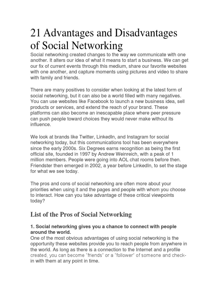 21 Advantages and Disadvantages of Social Networking | PDF | Social ...