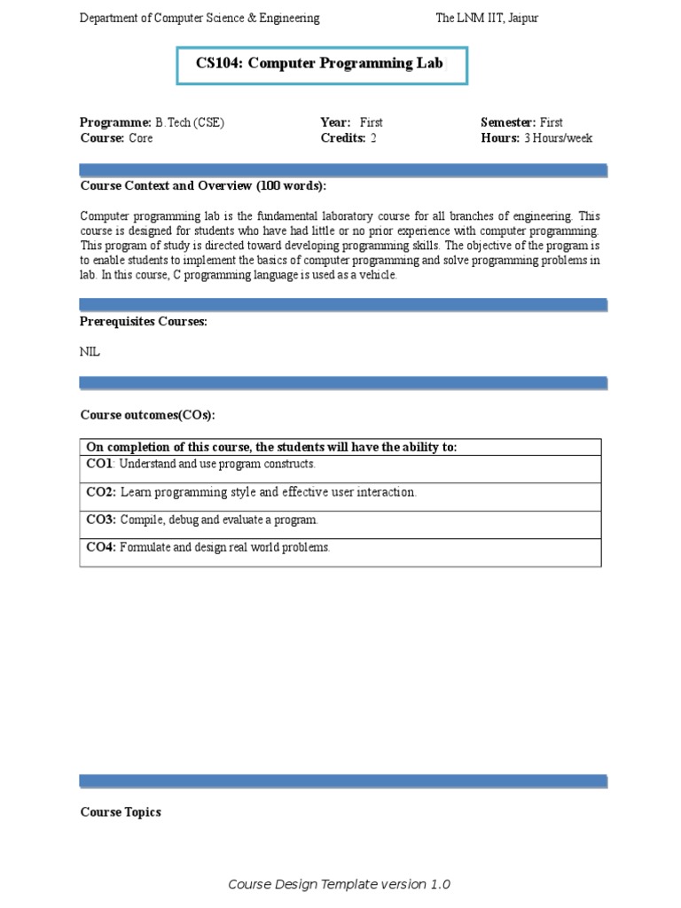 CS104: Computer Programming Lab: Course Design Template Version 1.0 | PDF | C (Programming ...