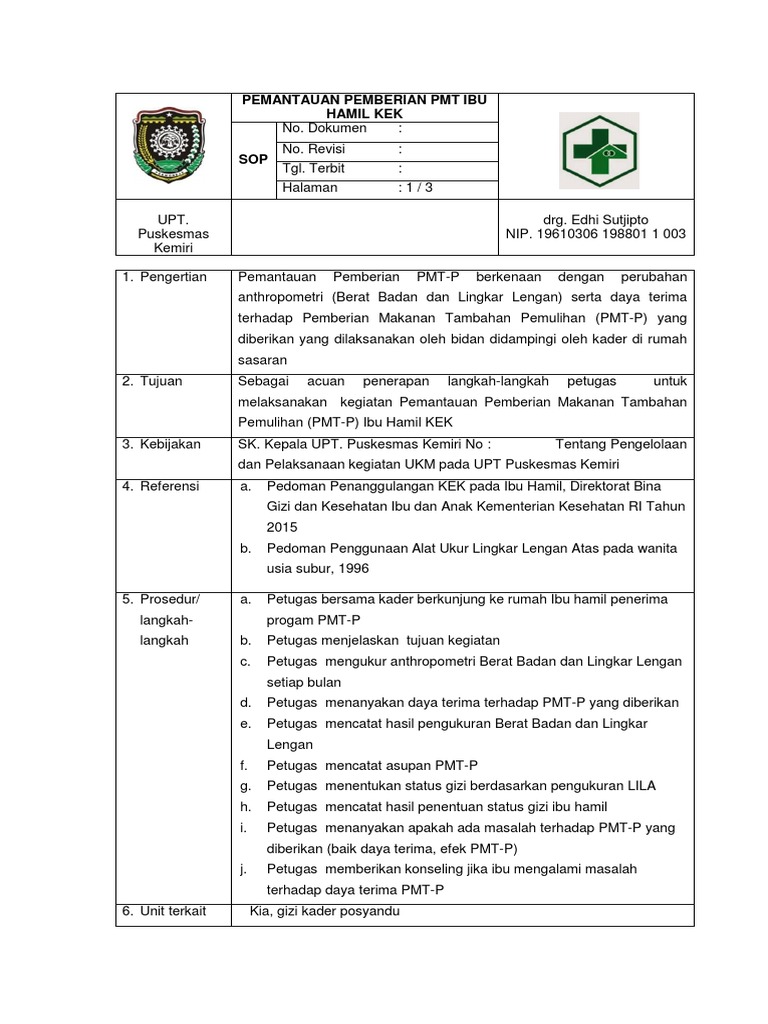 Sop Pemantauan PMT Bumil Kek | PDF