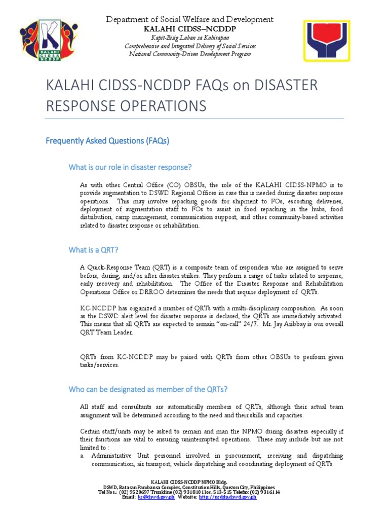 Faqs On KC NCDDP Npmo Disaster Response Protocols | PDF | Emergency ...