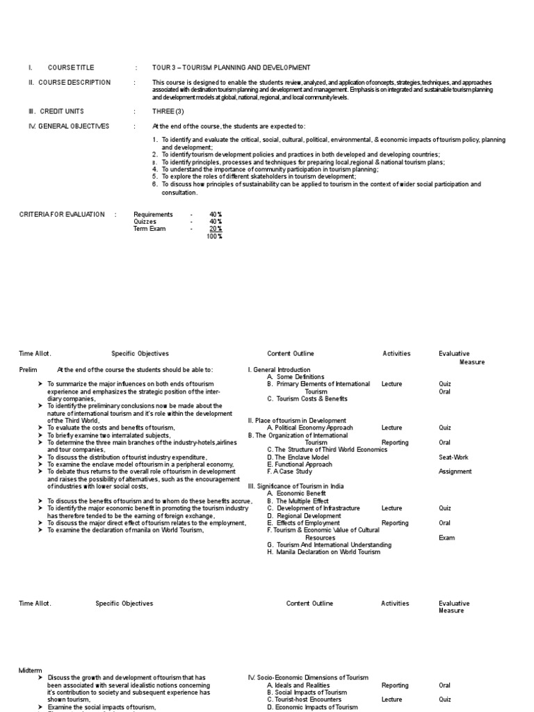 Syllabus Tourism Planning and Development | PDF | Economic Development ...