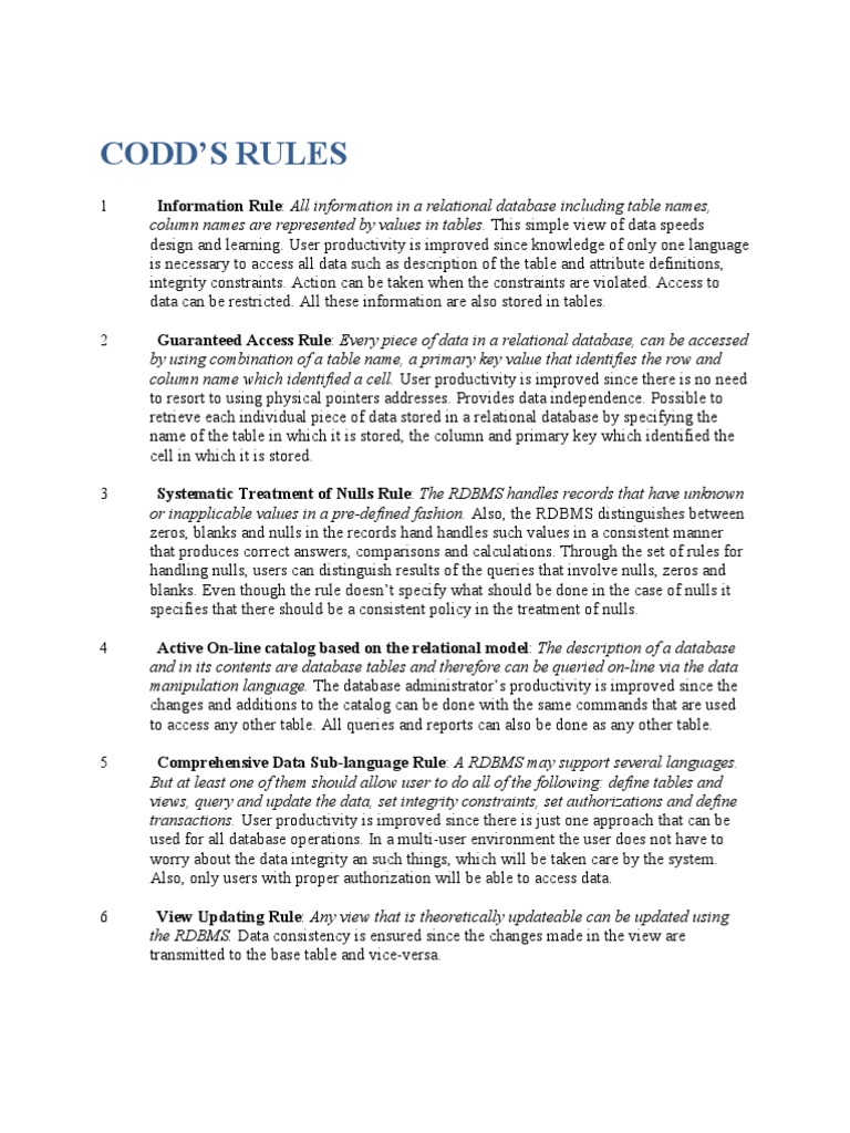 Codd'S Rules | PDF | Relational Database | Relational Model