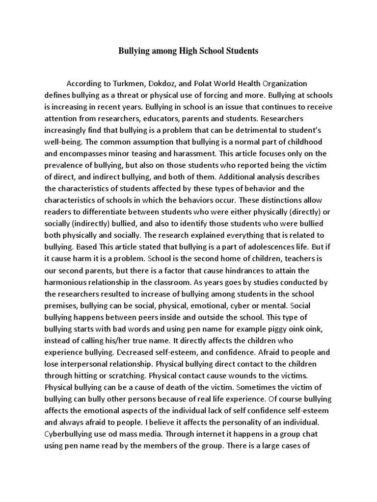 The Negative Impacts of Bullying on High School Students: A Review of ...