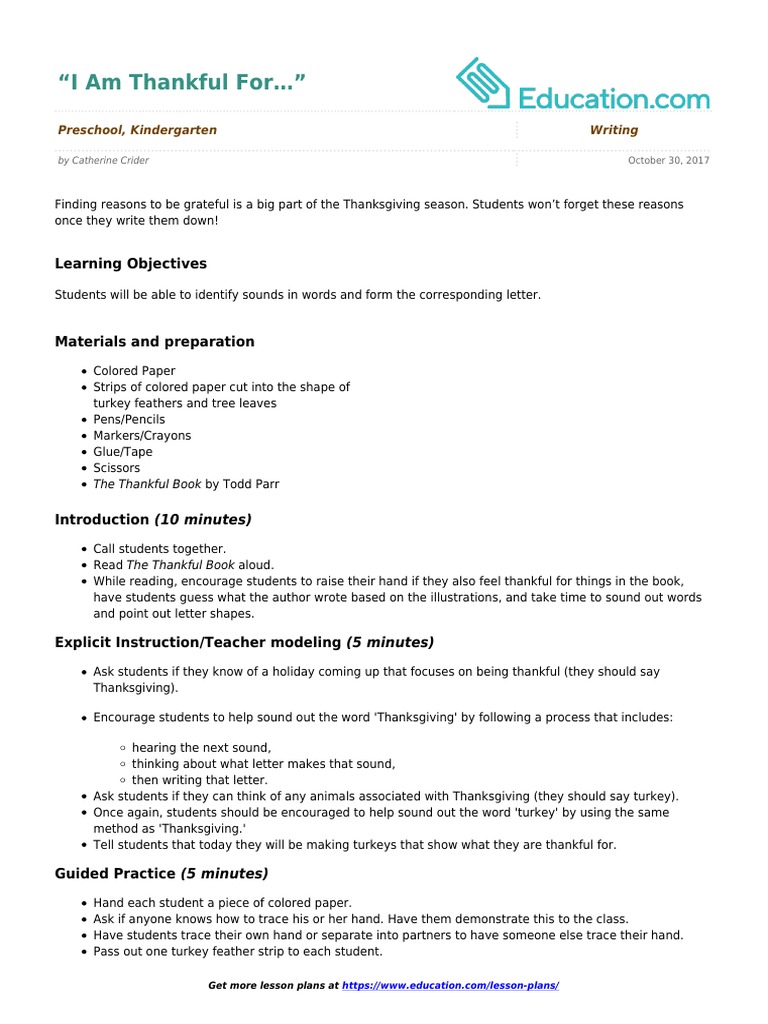 I Am Thankful For | PDF | Lesson Plan | Cognition