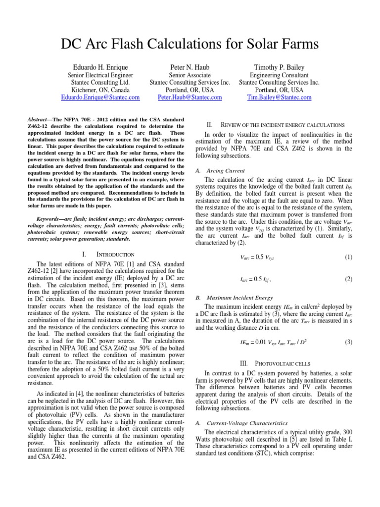 Analysis of Arc Flash Calculations for DC Solar Farm Systems ...