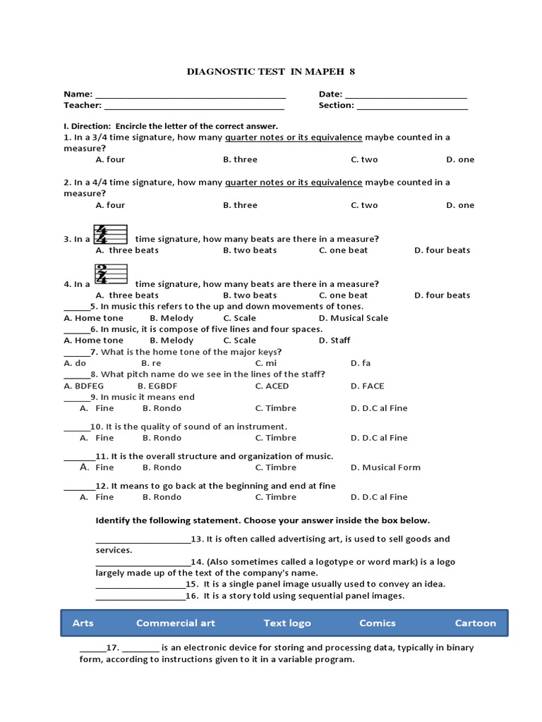 I. Direction: Encircle The Letter of The Correct Answer.: Arts ...