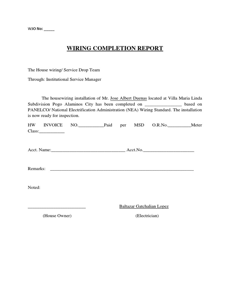 Wiring Completion Report: WJO No | PDF