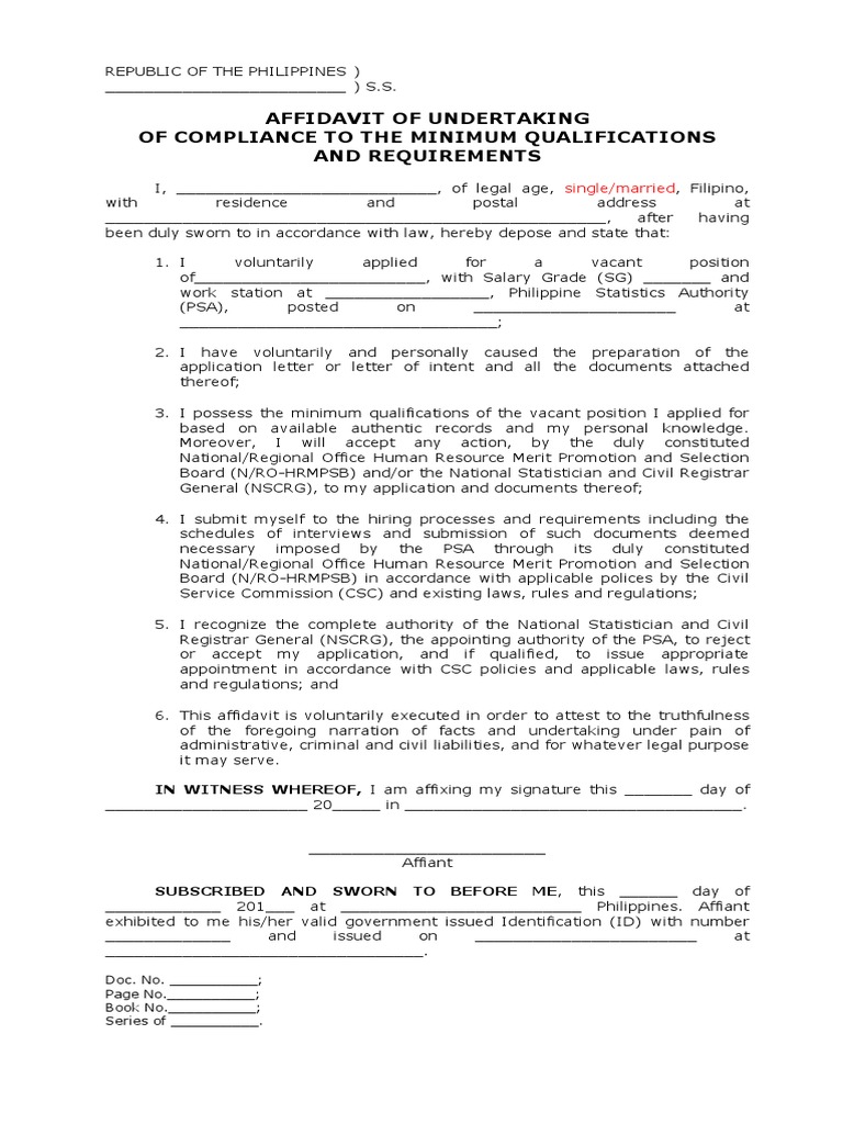 Affidavit of Undertaking of Compliance To The Minimum Qualifications ...