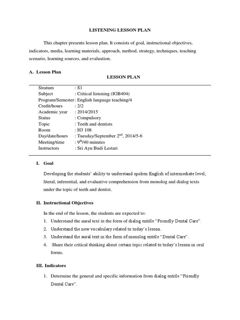 Listening Lesson Plan | PDF | Language Education | Lesson Plan