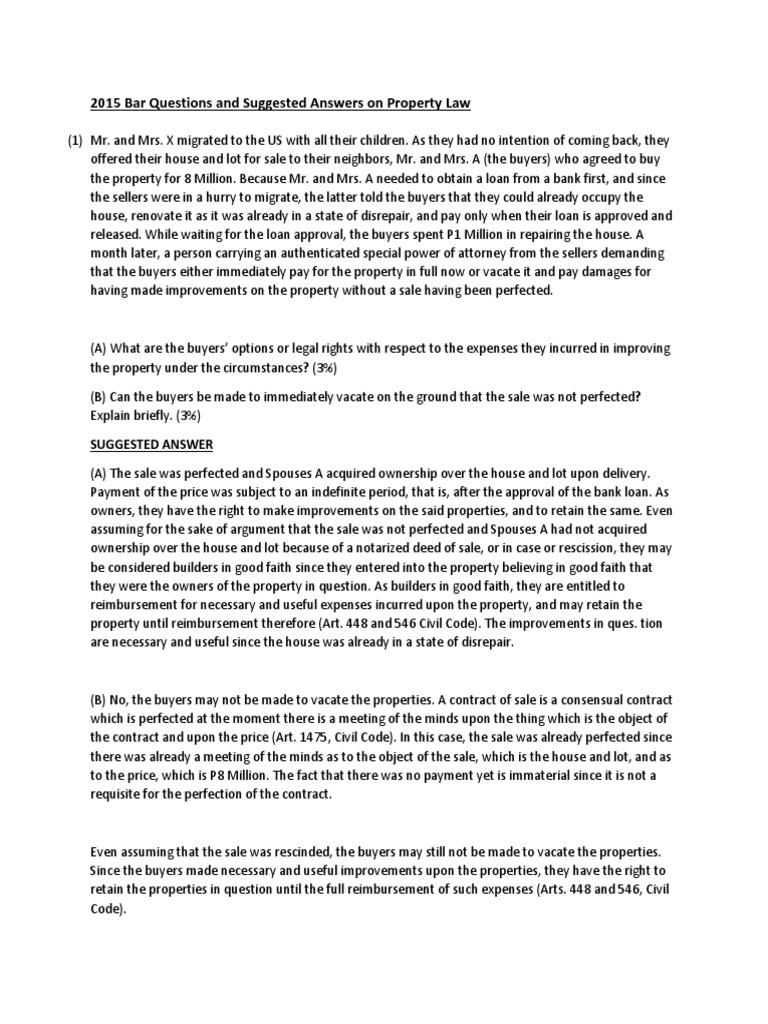 2015 Property Law Bar Exam Questions | PDF | Real Property | Property