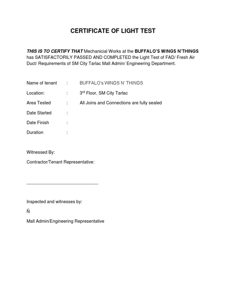 Certificate of Light Test: THIS IS TO CERTIFY THAT Mechanicial Works at ...