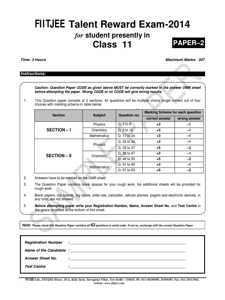 Ftre - 2014 Sample - Paper Class 11 Paper 2 PDF | PDF | Friction | Force