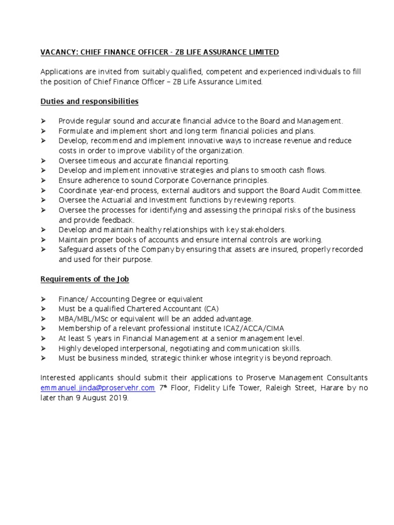 Advert - Chief Finance Officer - ZB Life Assurance Limited | PDF