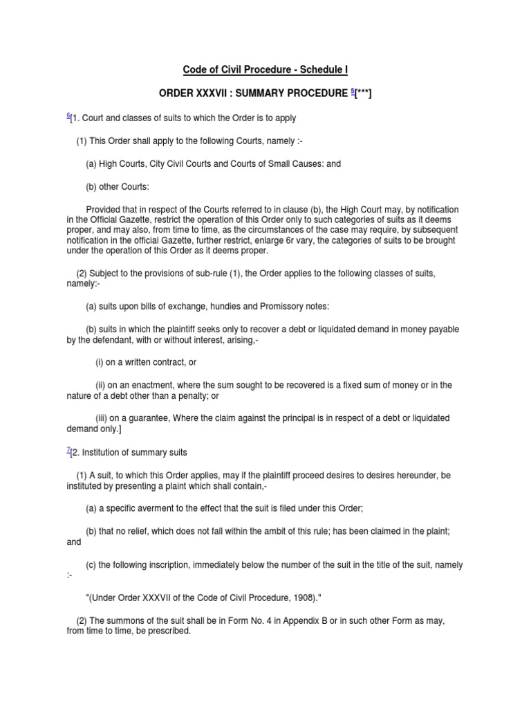 Code of Civil Procedure - Schedule I Order Xxxvii: Summary Procedure ...
