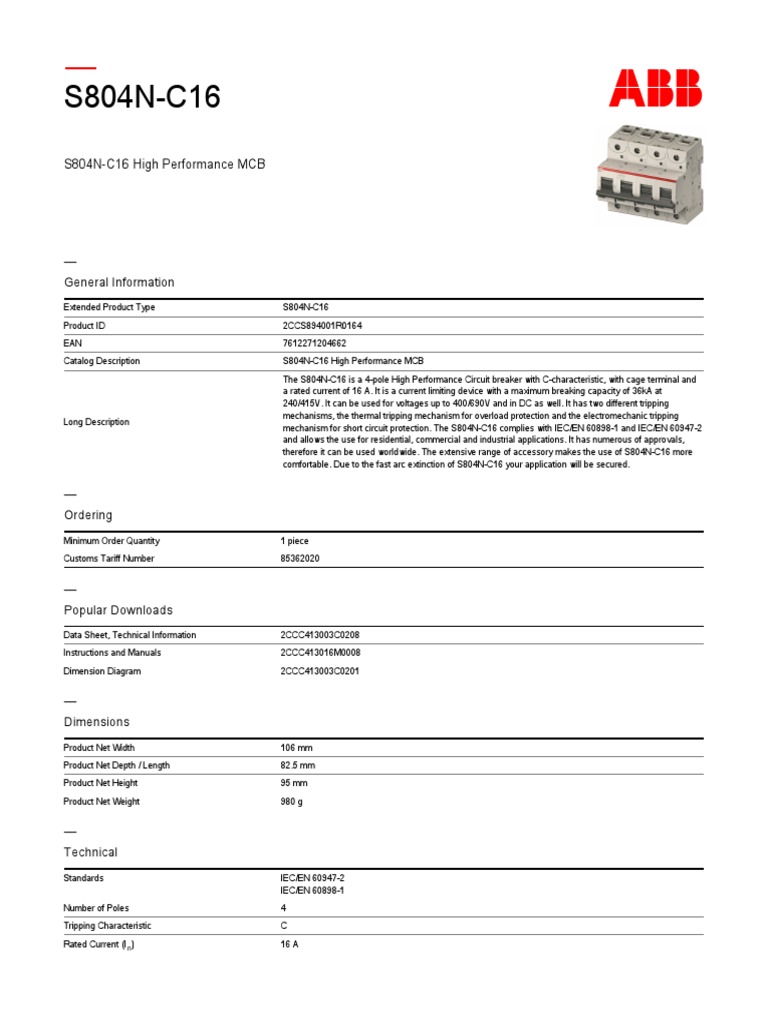 2CCS894001R0164 s804n c16 High Performance MCB | PDF | Alternating Current | Electrical Engineering