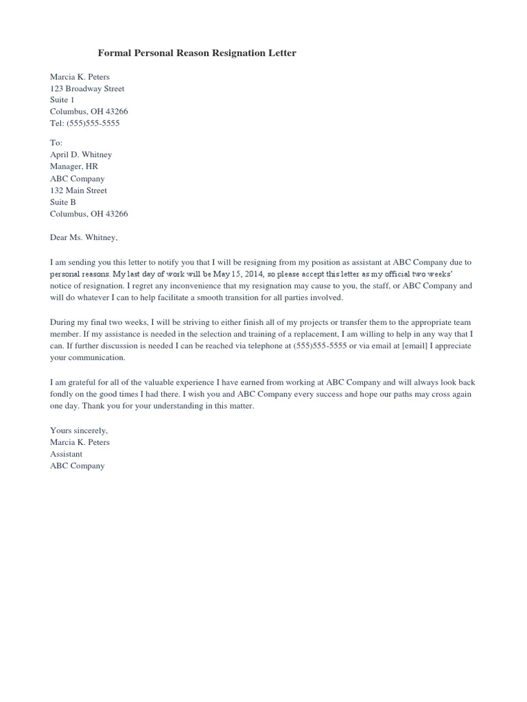 Formal Personal Reason Resignation Letter | PDF