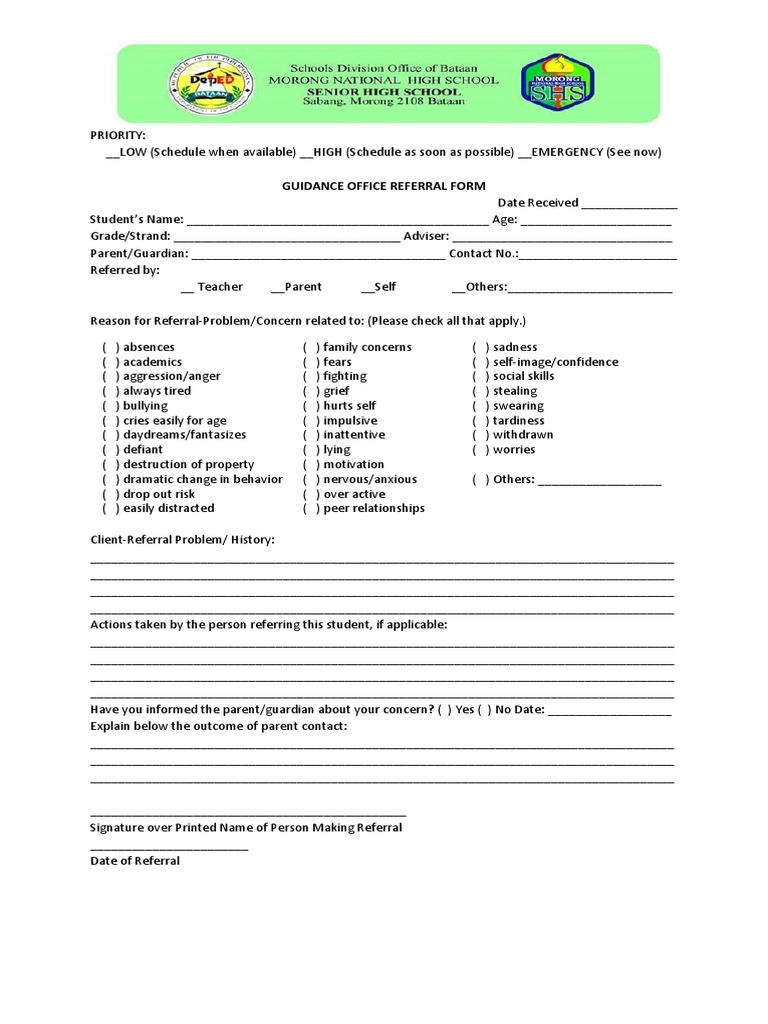 Guidance Office Referral Form | PDF | School Counselor | Social Psychology