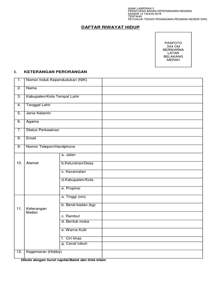 Petunjuk Teknis Daftar Riwayat Hidup PNS | PDF