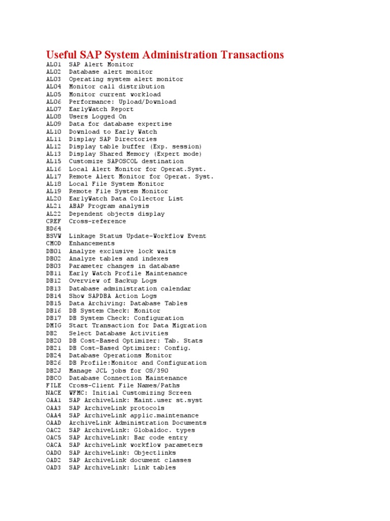 Useful SAP System Administration Transactions | PDF | Databases | Computer Data