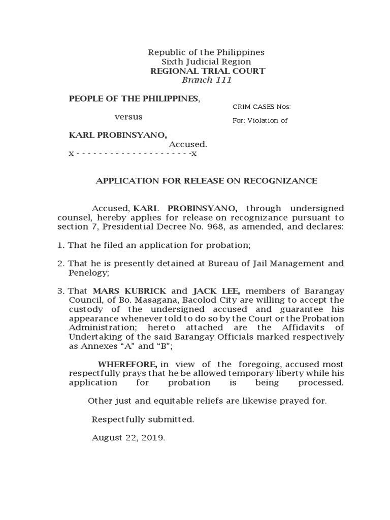 Sample - Application For Release On Recognizance