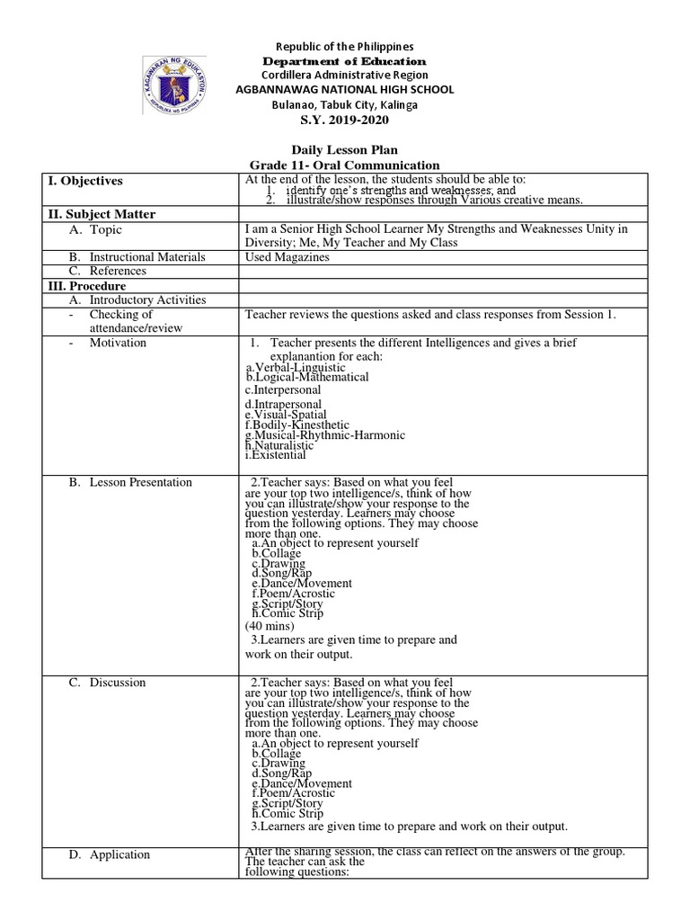S.Y. 2019-2020 Daily Lesson Plan Grade 11-Oral Communication I ...