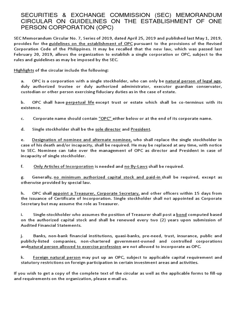 Securities & Exchange Commission (Sec) Memorandum Circular On Guidelines On The Establishment of ...